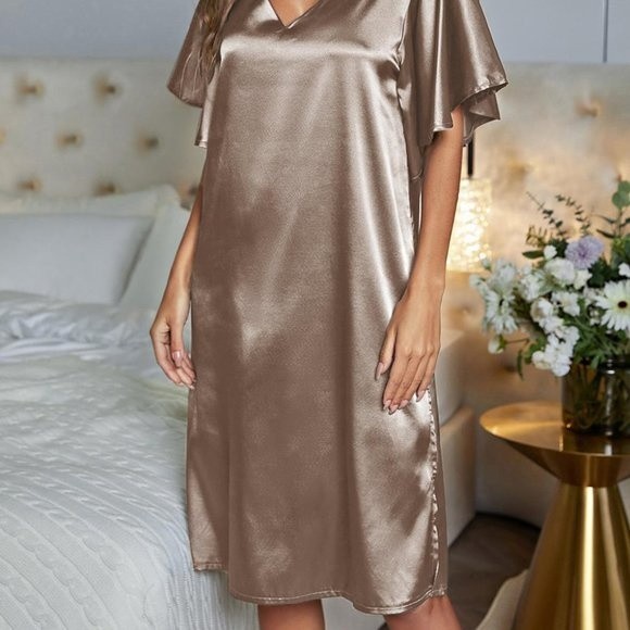 Intimates & Sleepwear | Apricot V Neck Flattering Satin Pajama Dress ...